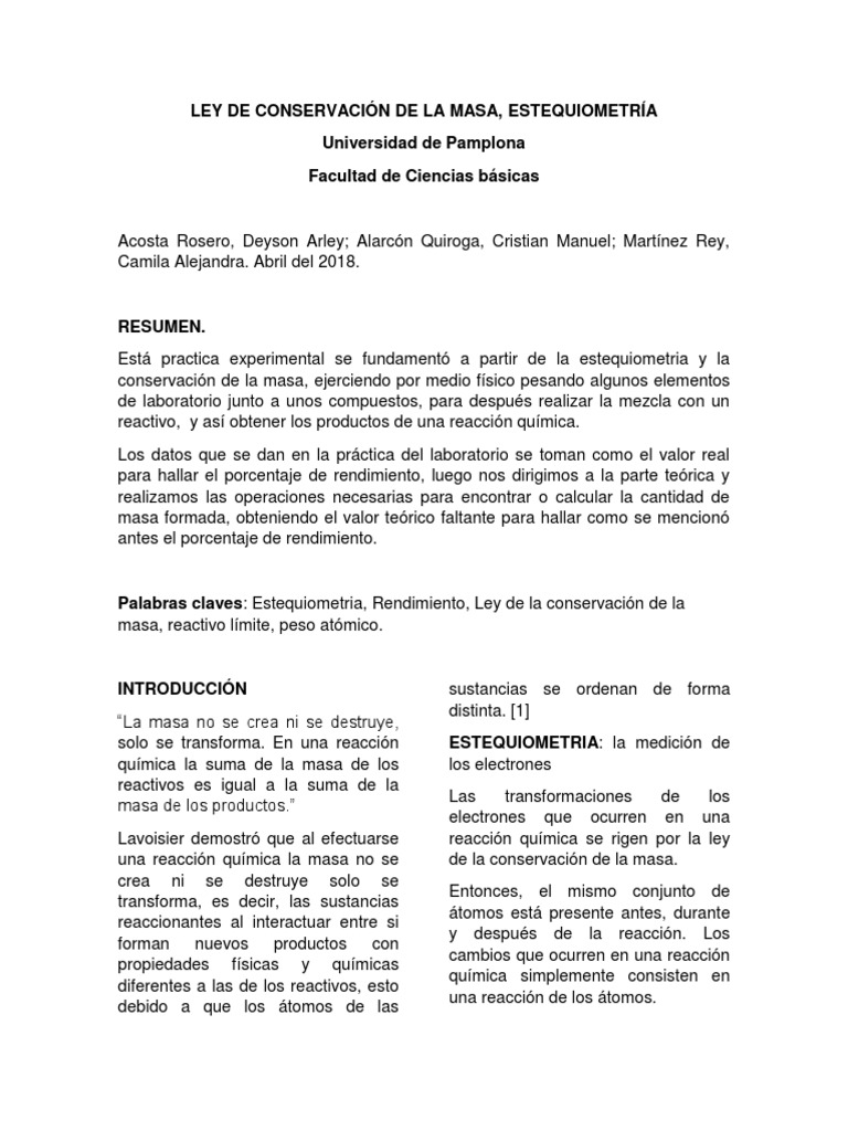 Ley de Conservación de La Masa | PDF | Estequiometría | Reacciones químicas