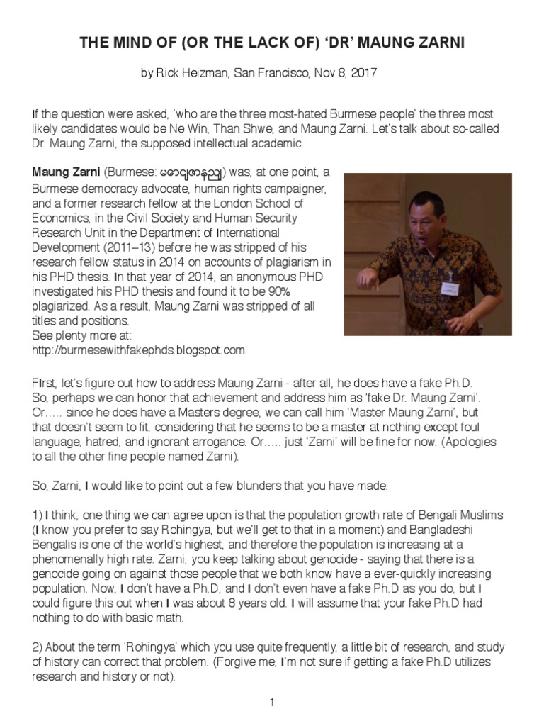 The Mind of (Or The Lack Of) DR' Maung Zarni | PDF | Myanmar | Rohingya ...