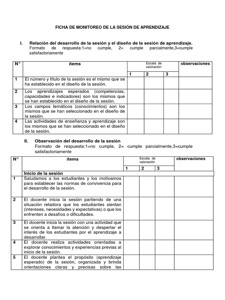 Ficha de Monitoreo de La Sesión de Aprendizaje | Maestros | Salón de clases