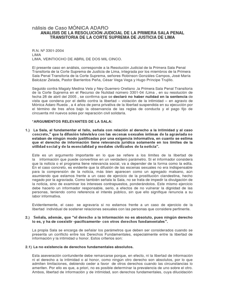 Análisis de Caso Mónica Adaro: Intimidad vs. Información | PDF ...
