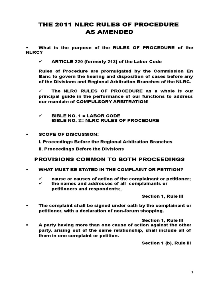 NLRC Rules As Per Pcvob | PDF | Arbitration | Complaint