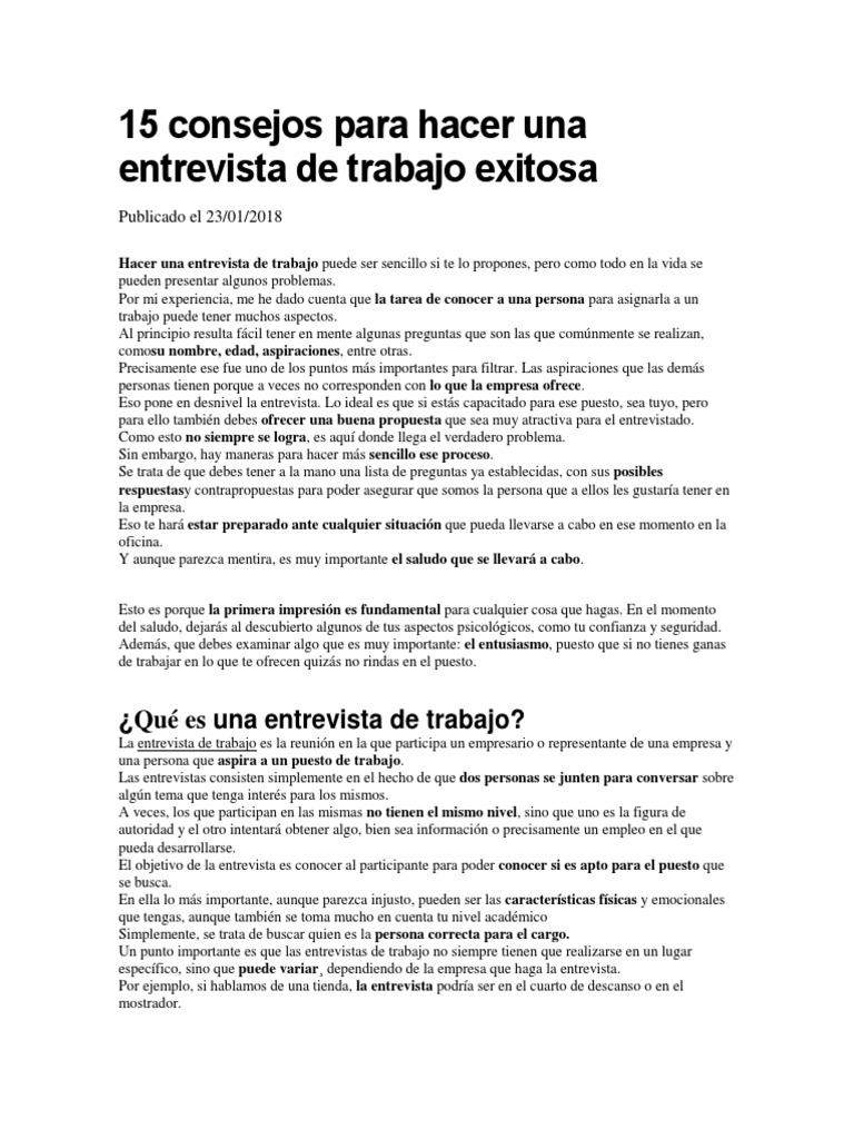 15 Consejos para Hacer Una Entrevista de Trabajo Exitosa | PDF | Idioma ...