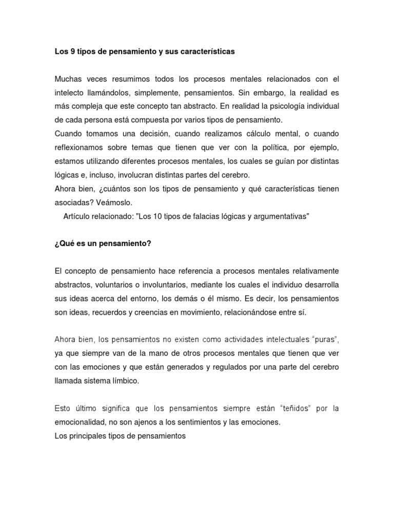 Los 9 Tipos de Pensamiento y Sus Características | PDF | Mente | Cerebro