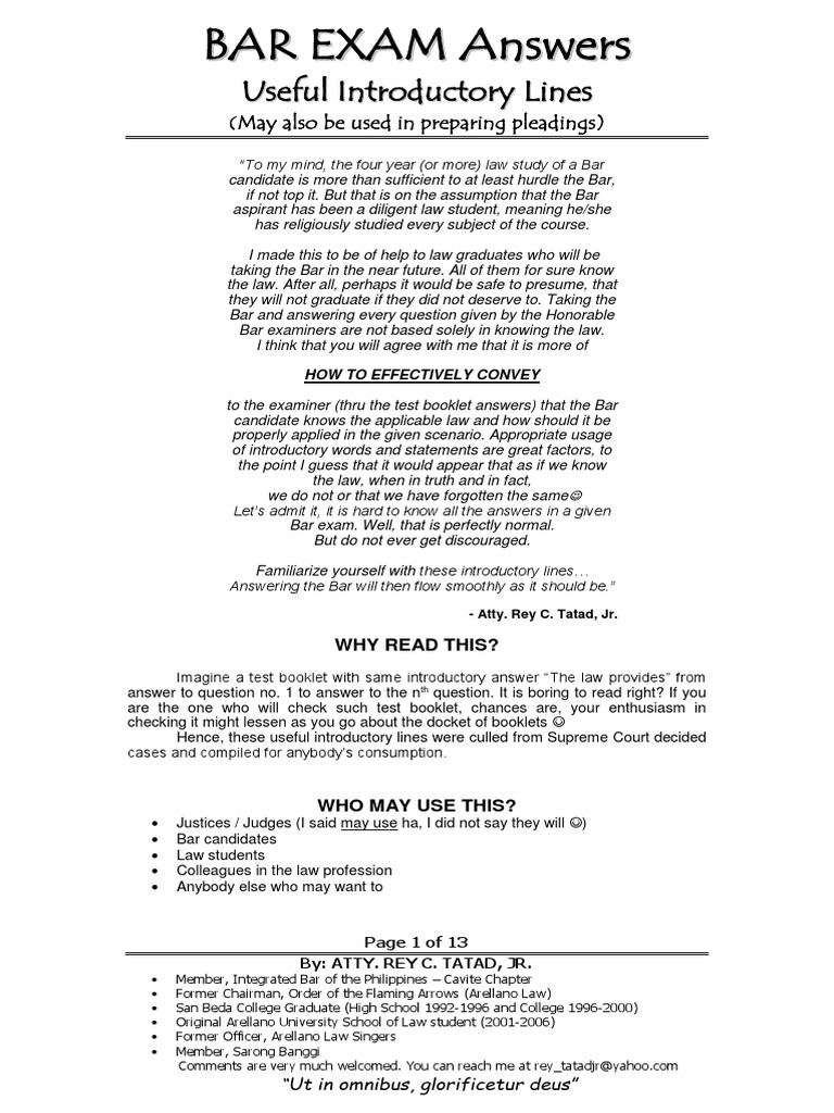 Bar Exam Answers Useful Introductory Lines | PDF | Supreme Courts ...