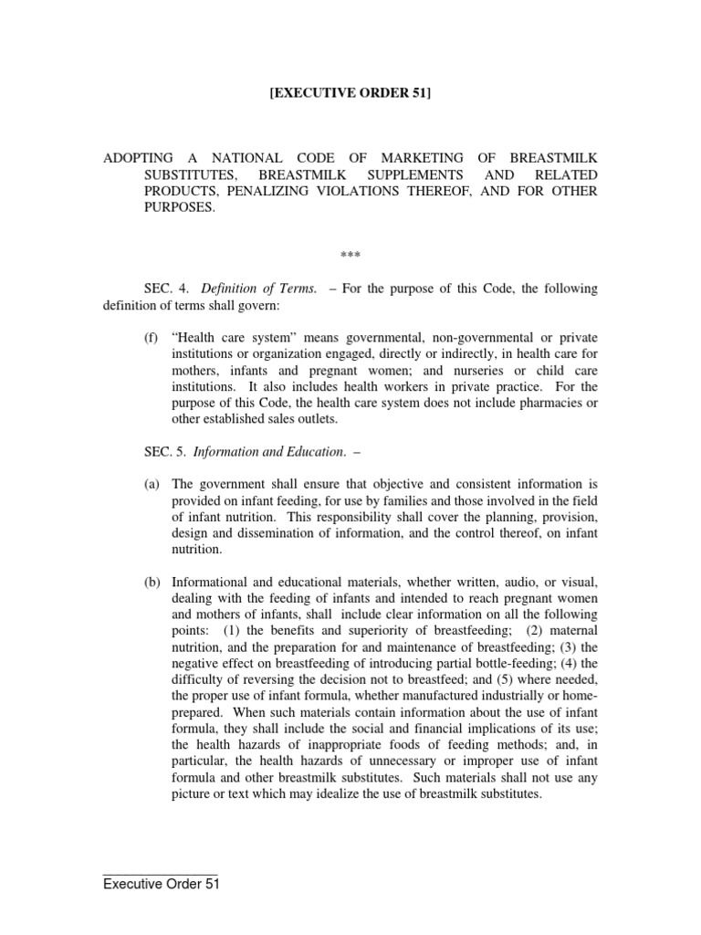 Executive Order 51 - National Code (DOH) | PDF | Infant Formula ...