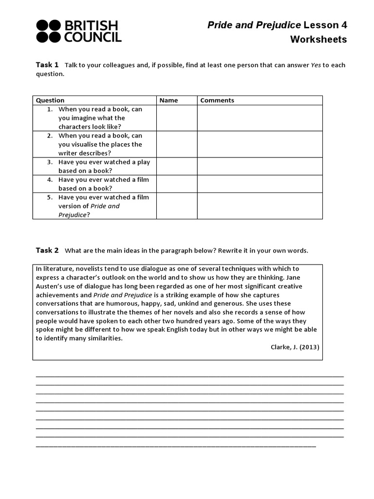 Pride and Prejudice Lesson 4 Worksheet | PDF | Pride And Prejudice | Mr ...