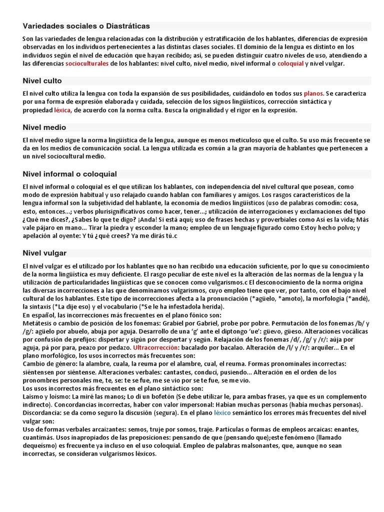 Variedades Sociales o Diastráticas | PDF | Lingüística | Palabra