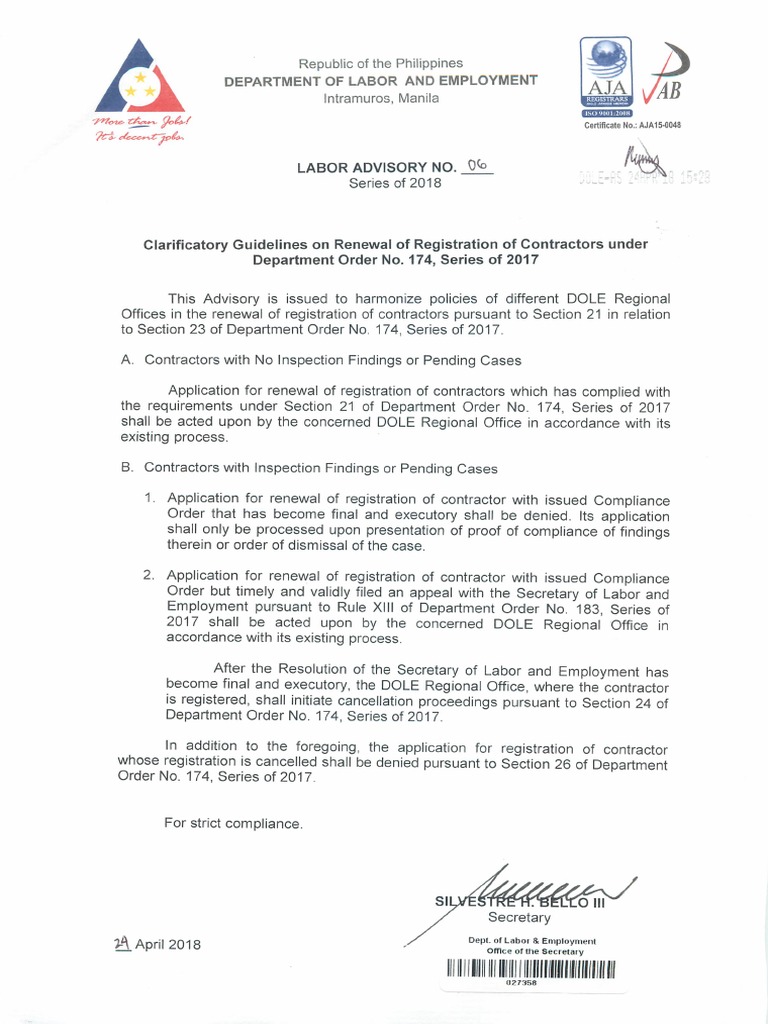 Labor Advisory No - 06-18 Clarificatory Guidelines On Renewal of ...