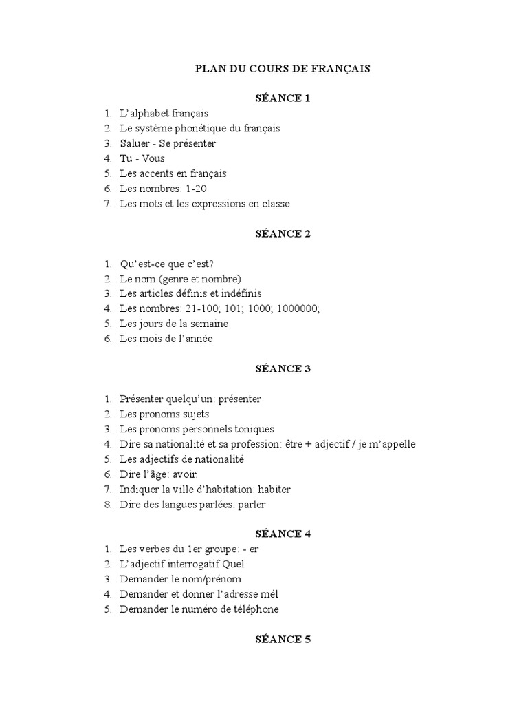 Plan de Cours de Français Débutant | PDF