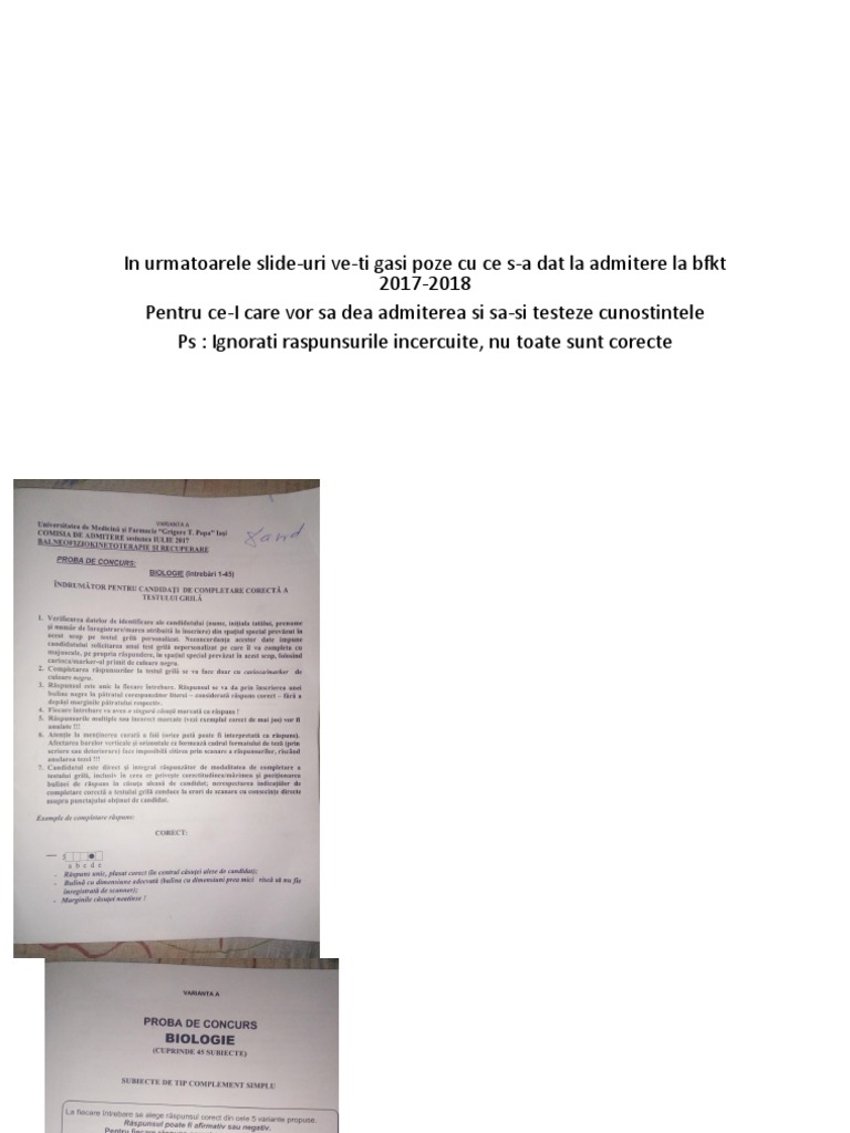 Subiecte Admitere BFKT 2017 | PDF