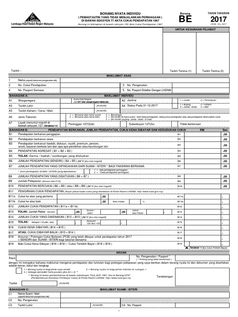 Contoh Borang BE LHDN 2024 | PDF