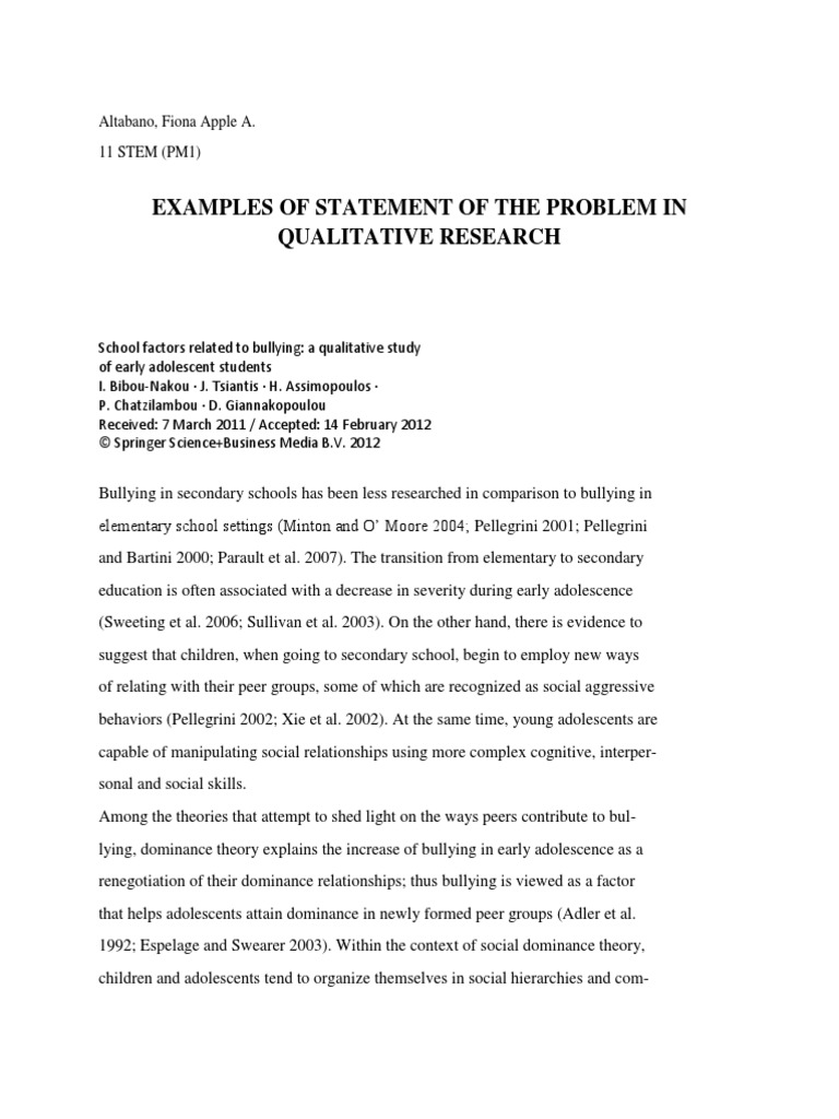 Examples of Statement of The Problem in Qualitative Research | PDF ...