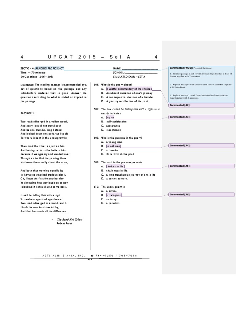 Upcat 2015 - Simulated Exam - Set A - Section 4 - Reading Comprehension ...