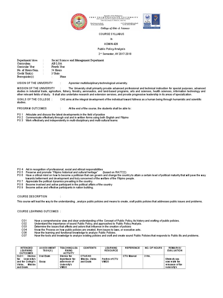 Public Policy Analysis Course Syllabus | PDF | Policy | Policy Analysis