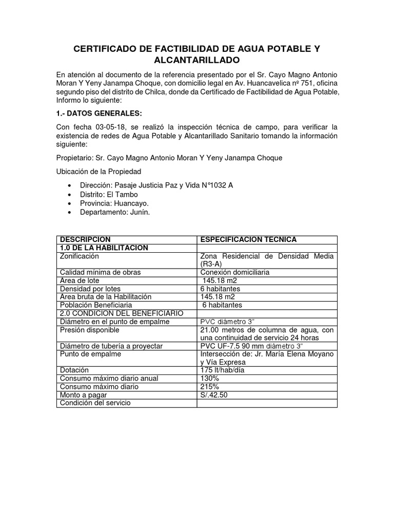 Certificado de Factibilidad de Agua Potable y Alcantarillado | PDF