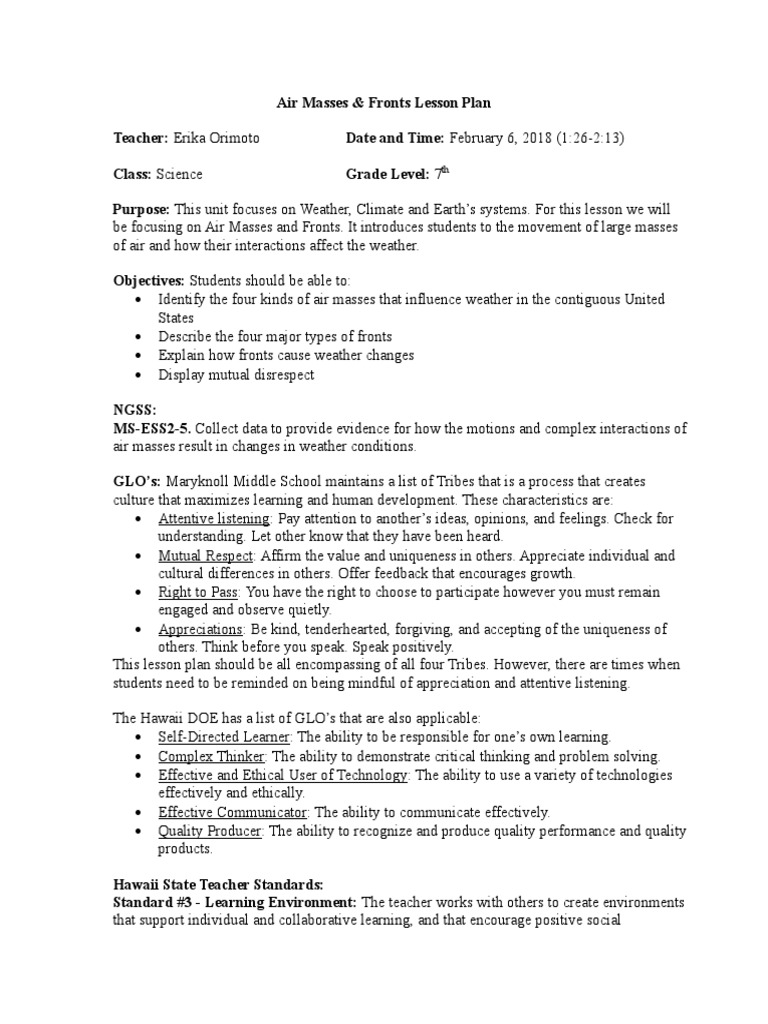 Educ685 Air Masses and Fronts Lesson Plan | PDF | Educational ...