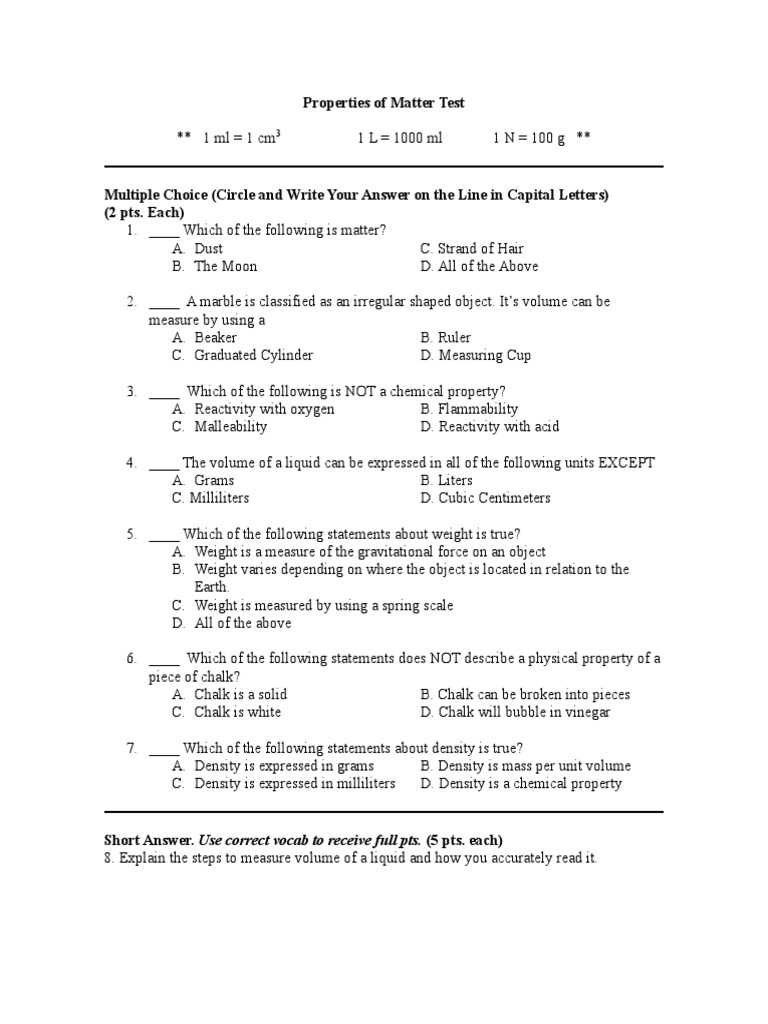 Properties of Matter Test Pre Assessment Standard 6 | PDF | Litre | Density