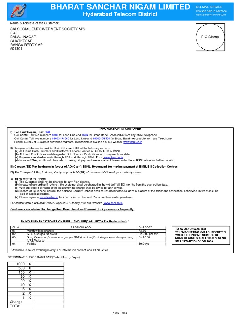 Sample Telephone Bill | Download Free PDF | Cheque | Payments