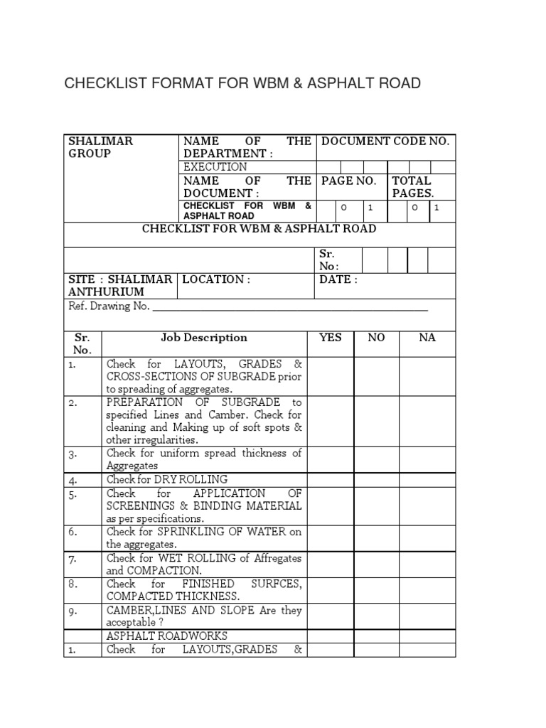 Checklist Format For Wbm Asphalt Materials