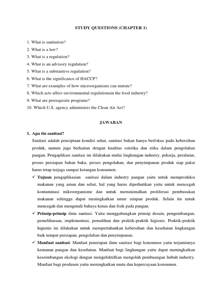 Study Questions (Chapter 1) : 1. Apa Itu Sanitasi? | PDF | Bacteria | Organisms