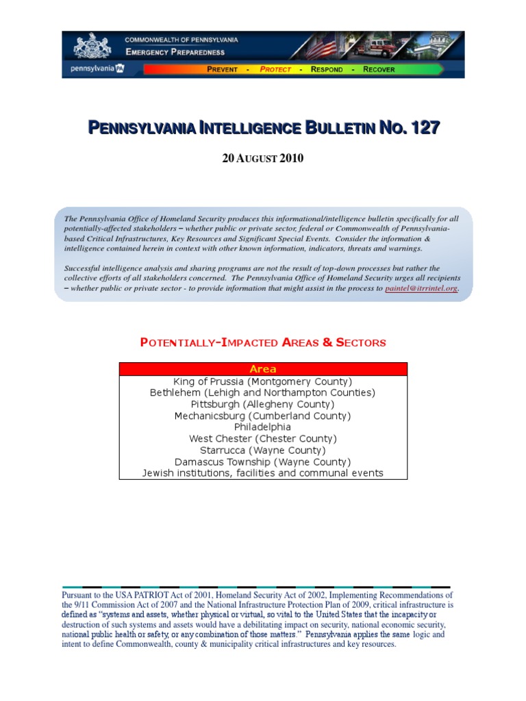 Pa. Actionable Intelligence Briefing 127 20 August 2010 (Includes TMI ...