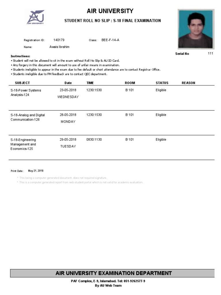 Air University Exam Roll Slip | PDF