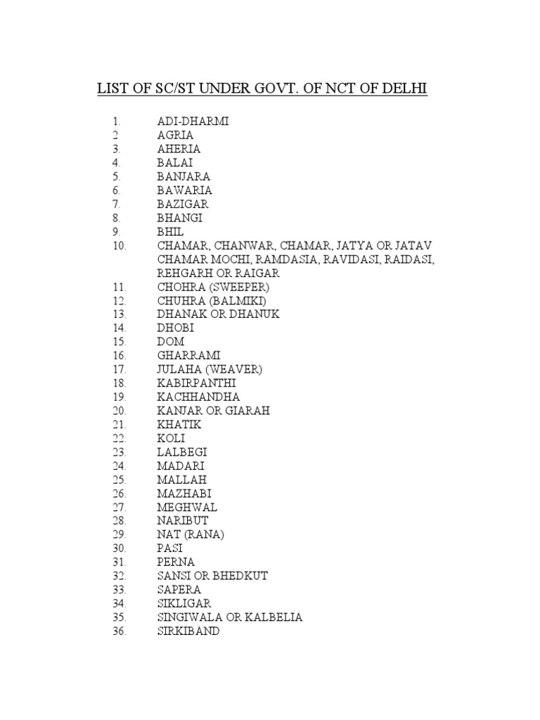 SC/ST Caste List for Delhi | PDF