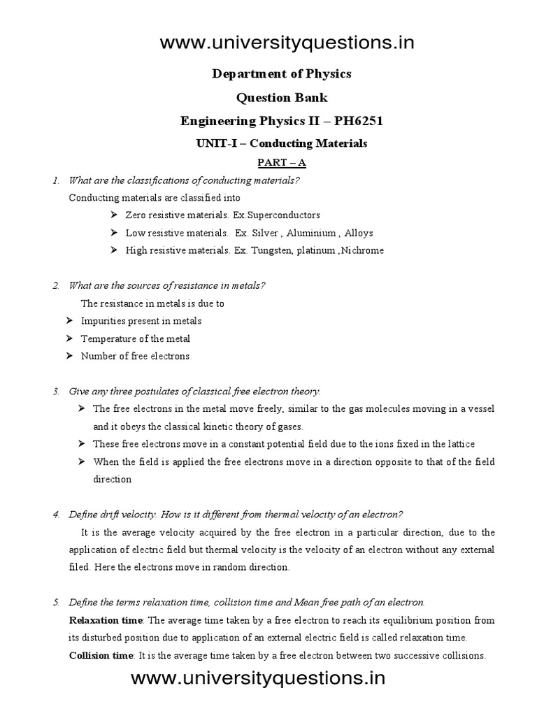 PH6251-Engineering Physics II Question Bank With Answers | PDF | Semiconductors | Doping ...