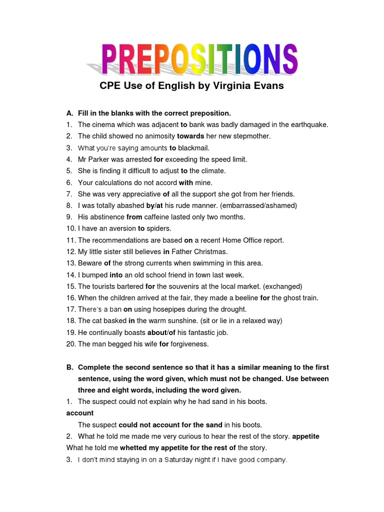 PREPOSITIONS KEY CPE Use of English by Virginia Evans | PDF