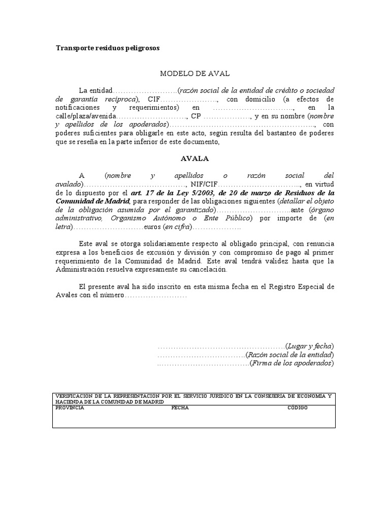Modelo Aval Transporte Residuos Peligrosos | PDF
