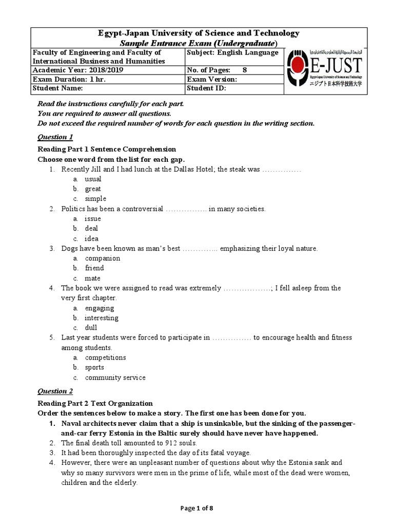 English Language Sample Exam 1 | PDF | Building | Undergraduate Education