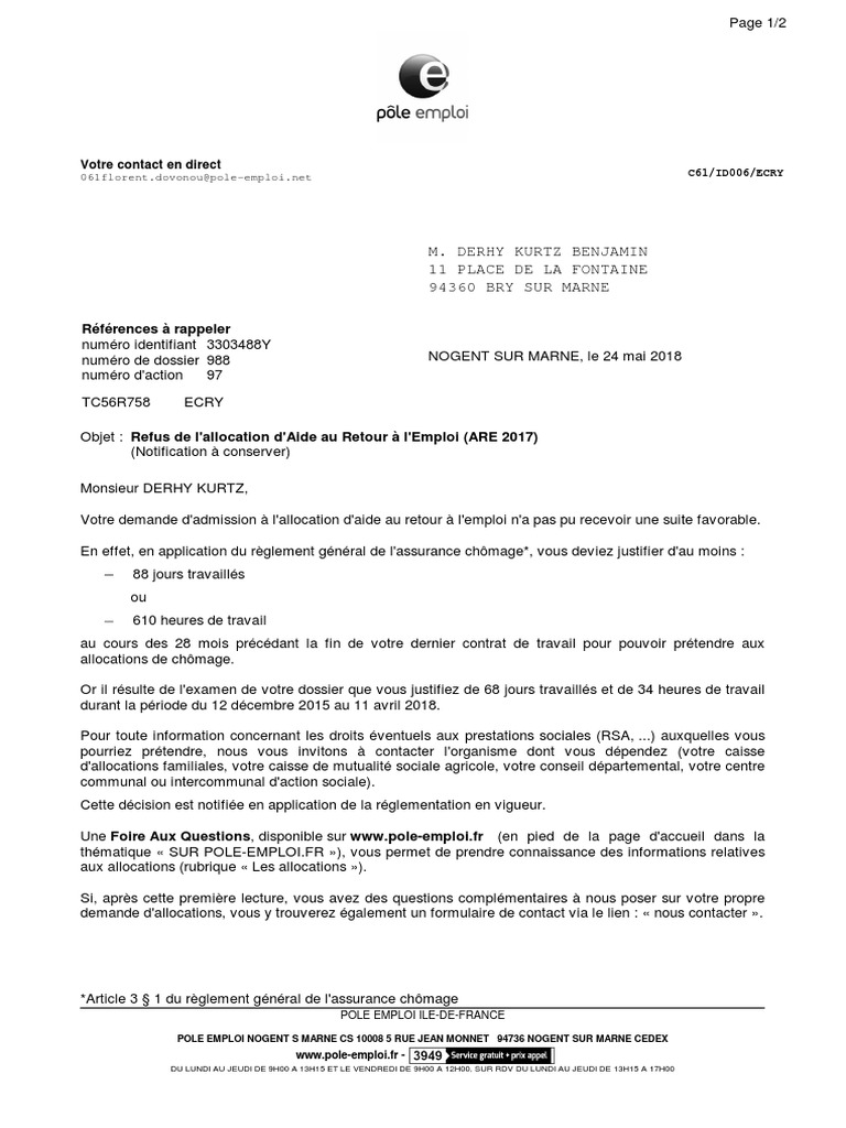 Refus Allocation Pole Emploi 2018098435067 PDF | PDF | Chômage | Gouvernement