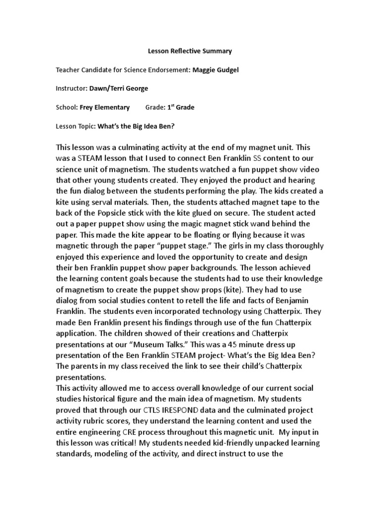 Lesson 4 Reflection Whats The Big Idea Ben | PDF | Learning | Teachers