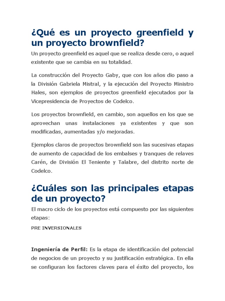 Qué Es Un Proyecto Greenfield y Un Proyecto Brownfield en Codelco | PDF ...