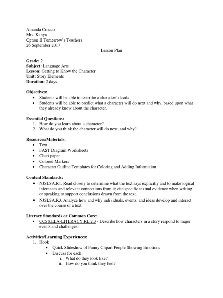 Character Analysis Lesson Plan for 2nd Grade | PDF | Lesson Plan ...