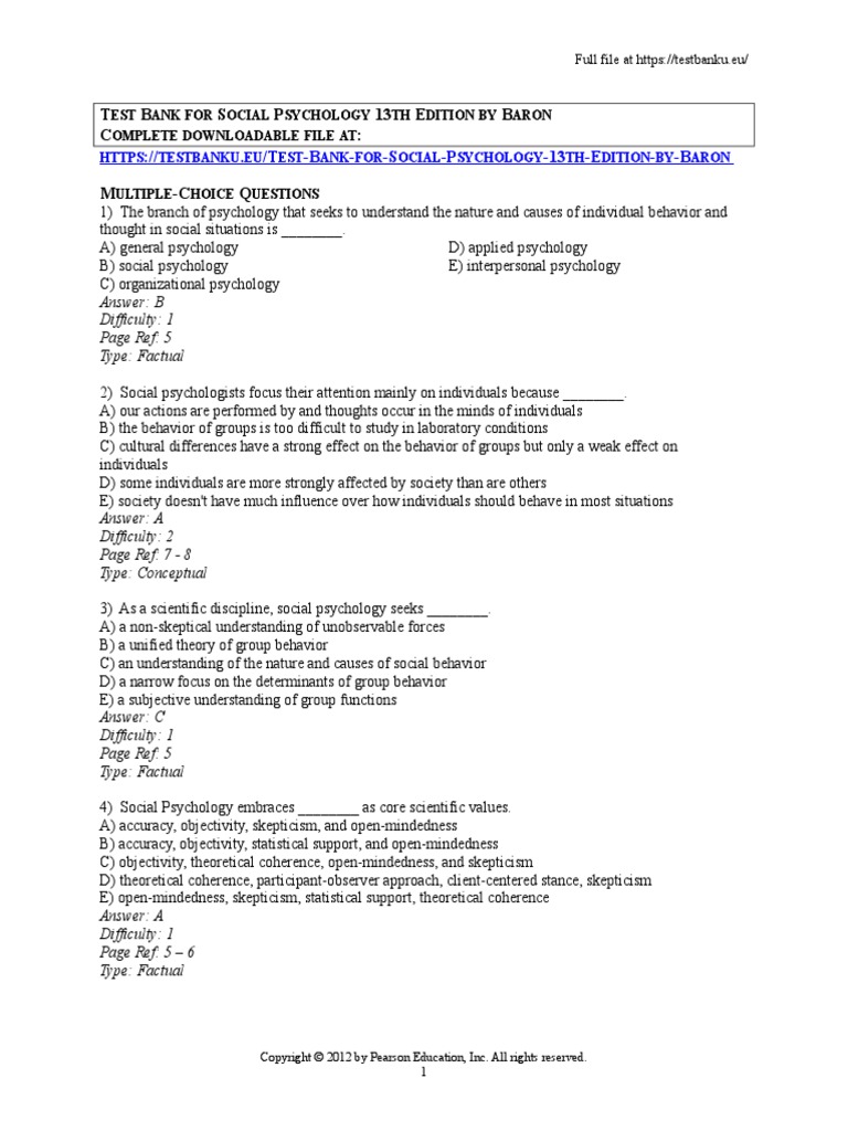 Test Bank For Social Psychology 13th Edition by Baron | PDF ...