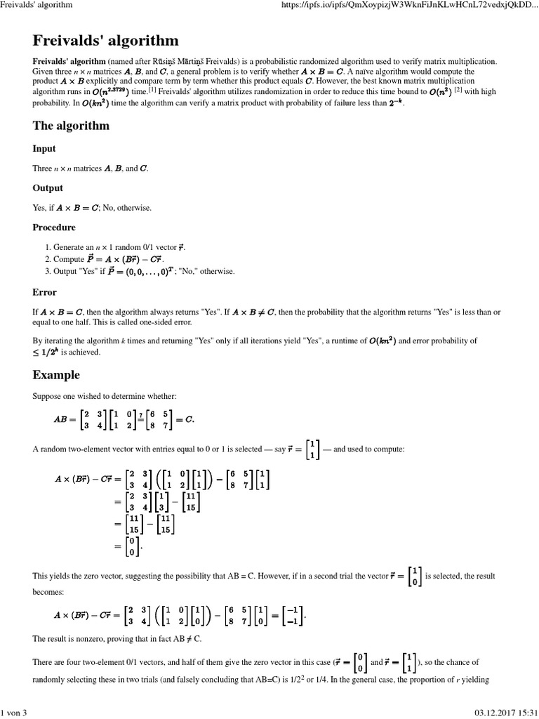Freivalds' Algorithm | PDF | Algorithms And Data Structures | Areas Of Computer Science