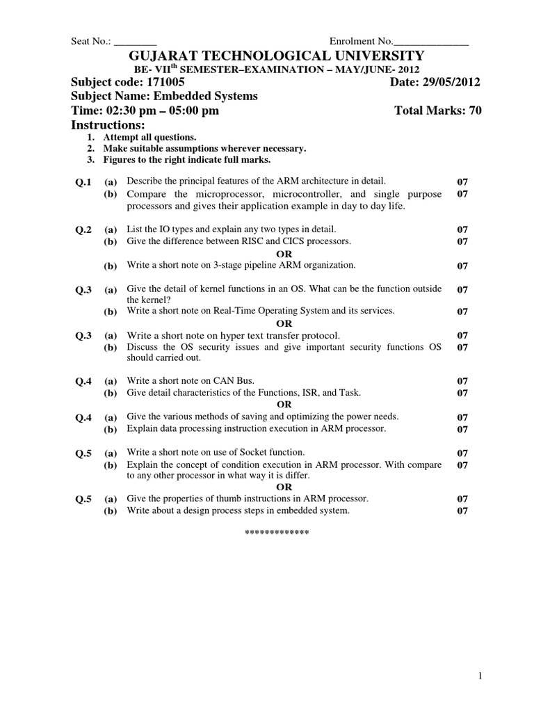 Embedded Systems Exam Paper 2012 | PDF | Arm Architecture | Embedded System