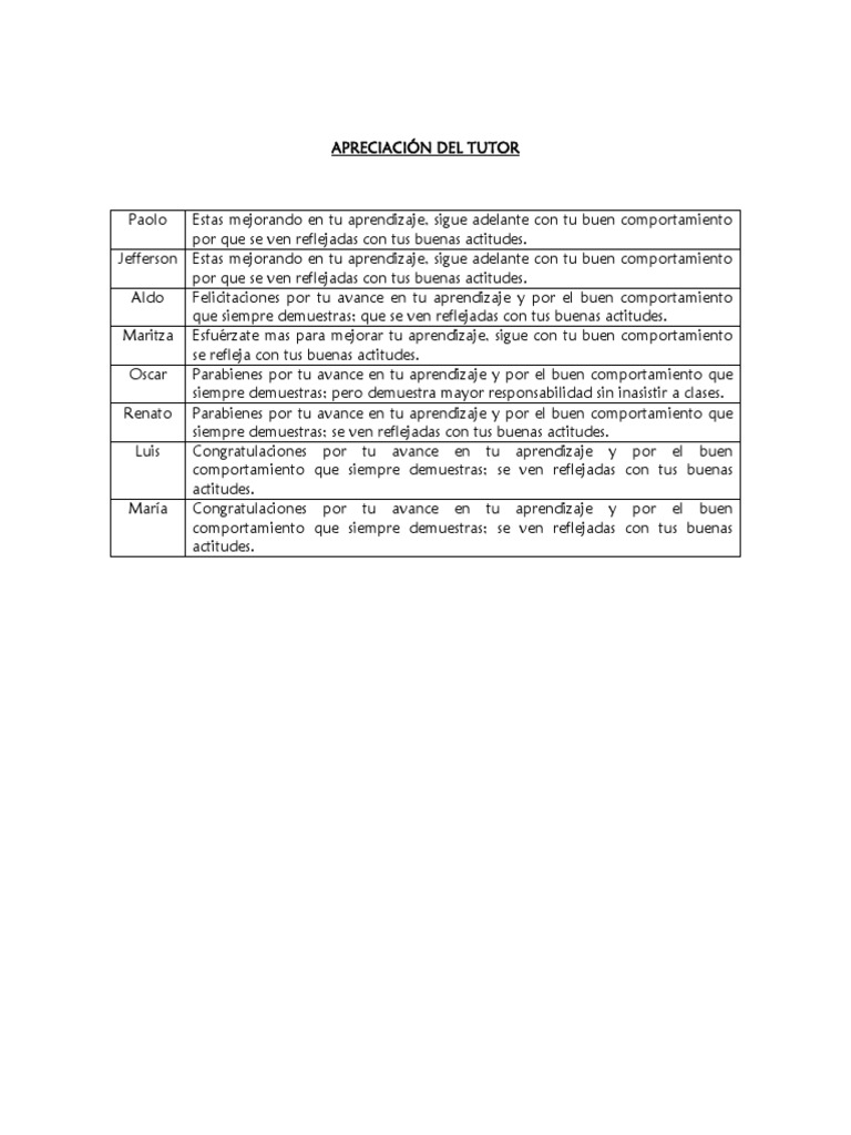 Algunos Ejemplos de Apreciacion Del Tutor | PDF