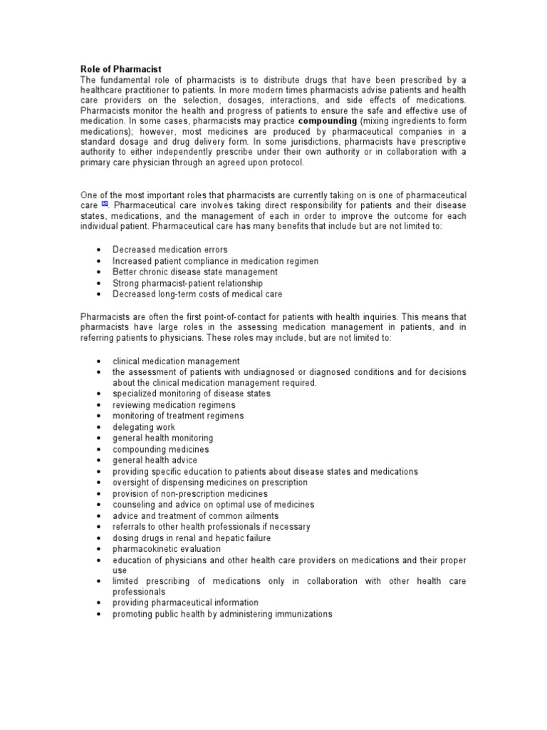 Role of Pharmacist | PDF | Health Promotion | Pharmacy