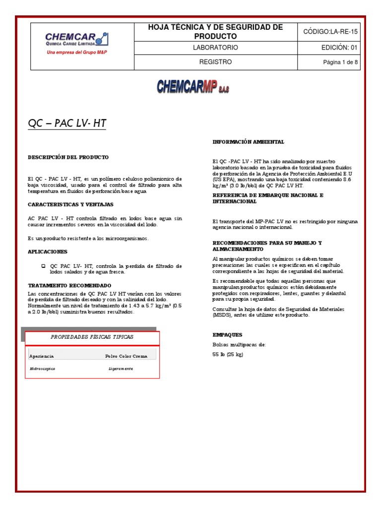 La - Re - 15 Hoja Tecnica y de Seguridad QC Pac LV HT | PDF ...