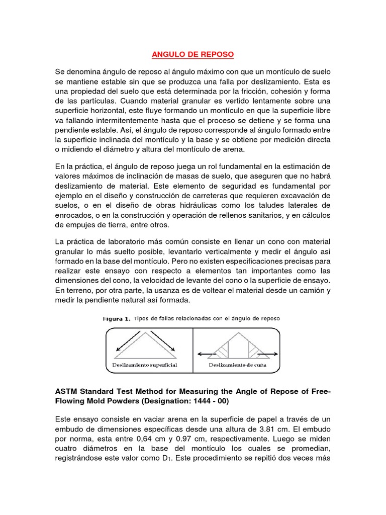Ángulo de Reposo: Definición y Medición | PDF | Medición | Física ...