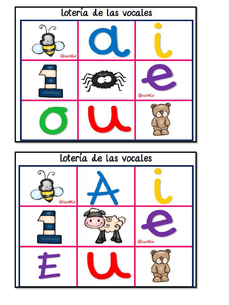 Cartones de Lotería Sonido Inicial Vocales | PDF