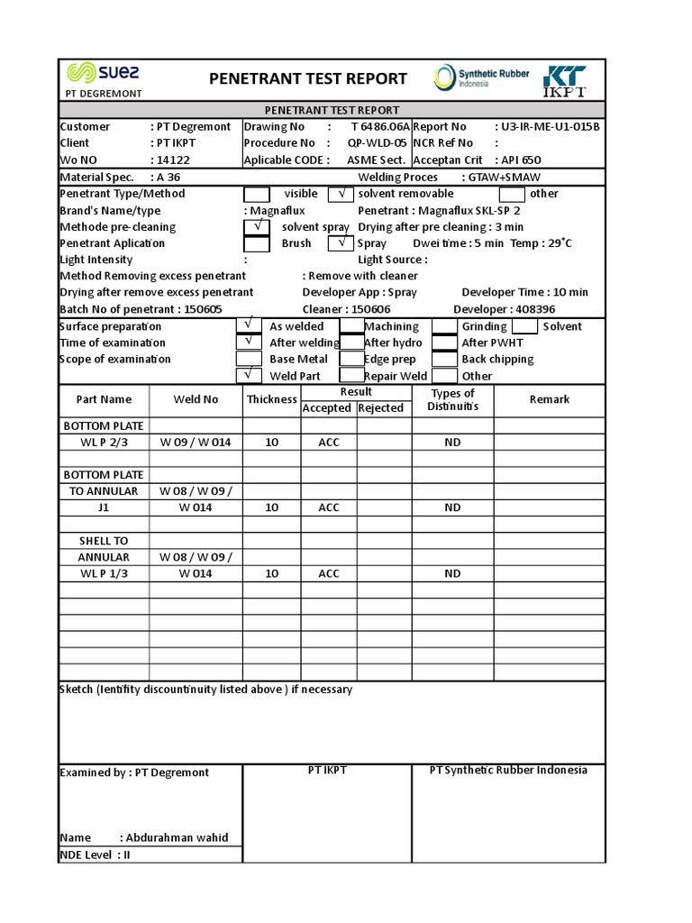 Penetrant Test Report: PT Degremont | Download Free PDF | Machining ...
