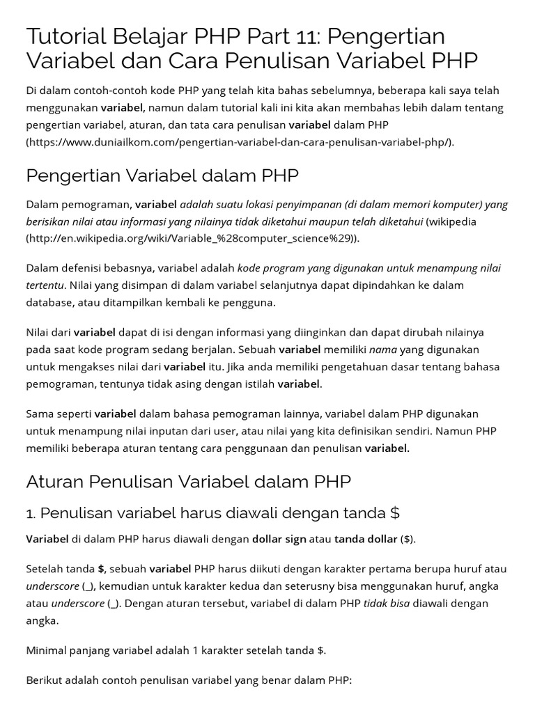 Pengertian Variabel Dan Cara Penulisan Variabel Dalam PHP | PDF