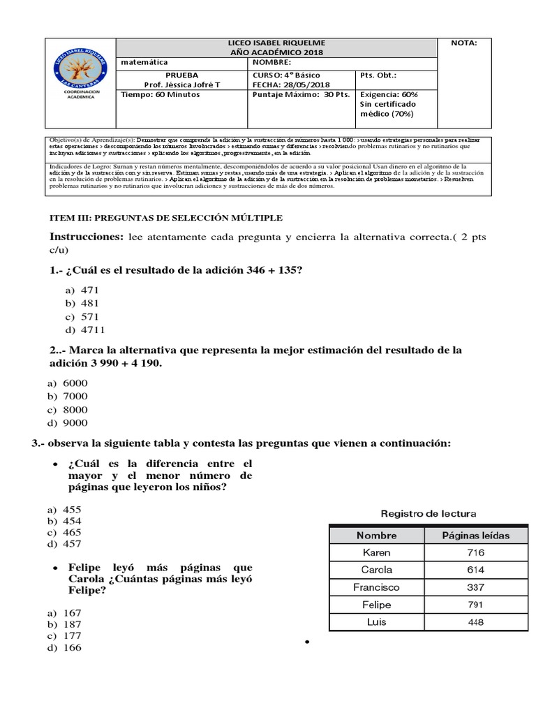 Prueba de Matemática 4° Básico | PDF | Sustracción | Enseñanza de ...