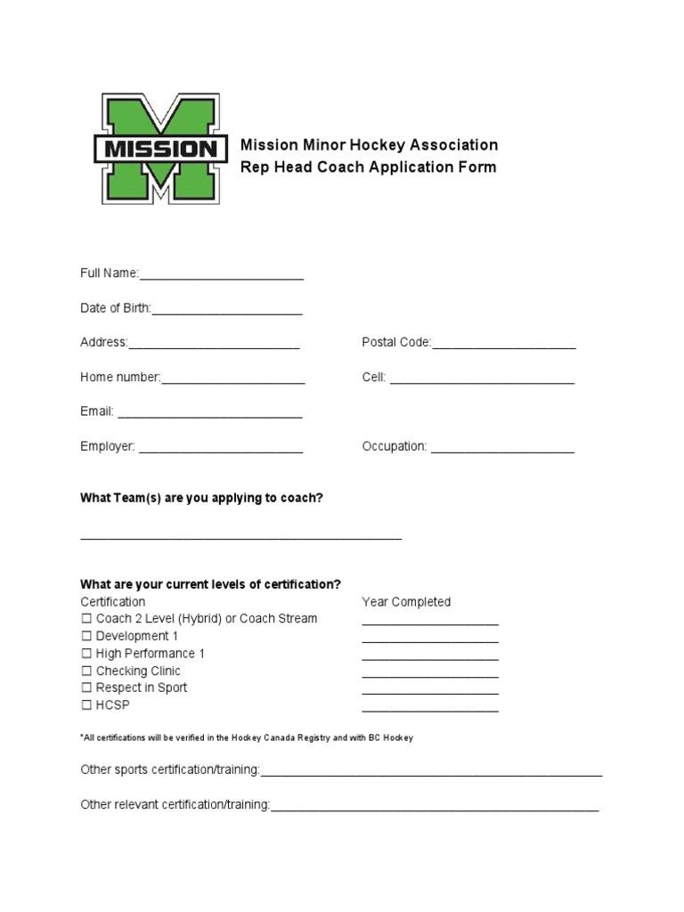 MMHA Rep Head Coach Application | PDF | United States House Of ...