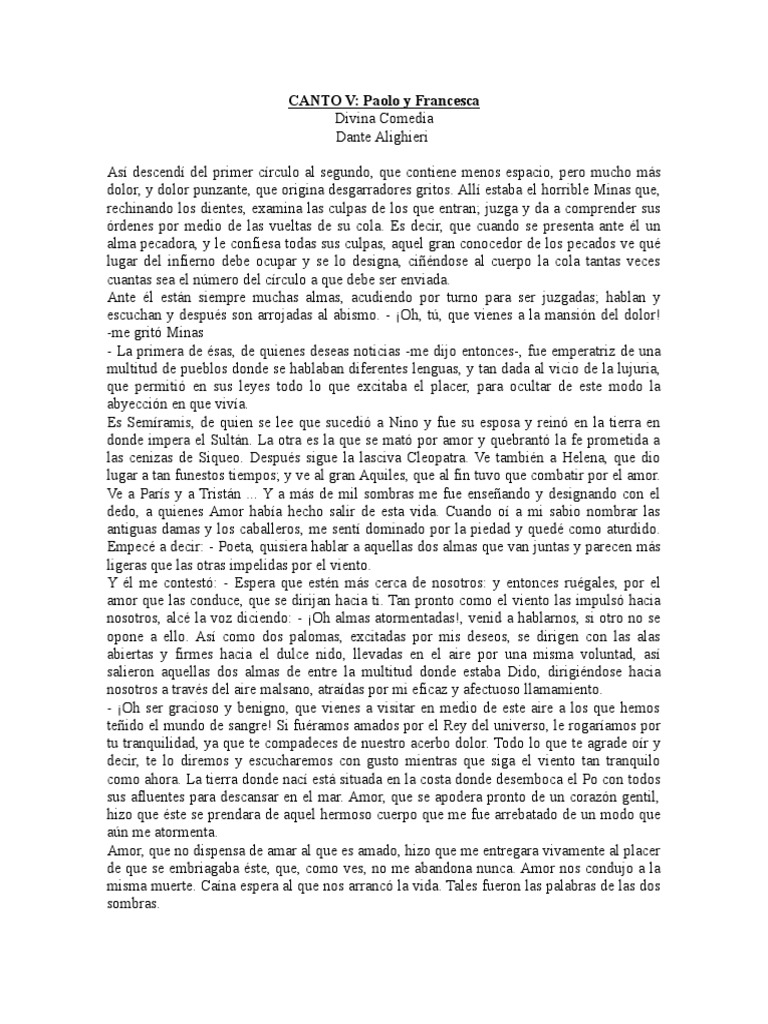 Canto V | PDF | Divina Comedia | Infierno (Dante)