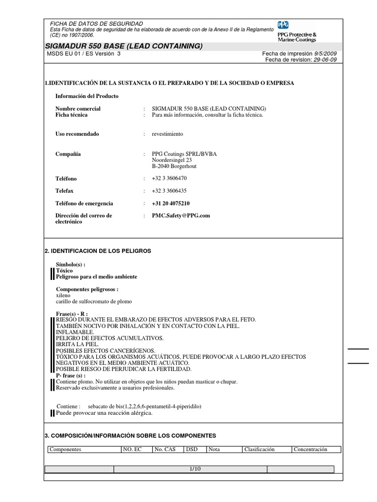 Msds Sigmadur 550 Base (Lead Containing) (Spa) (Sk-29!06!09leg-Mt ...
