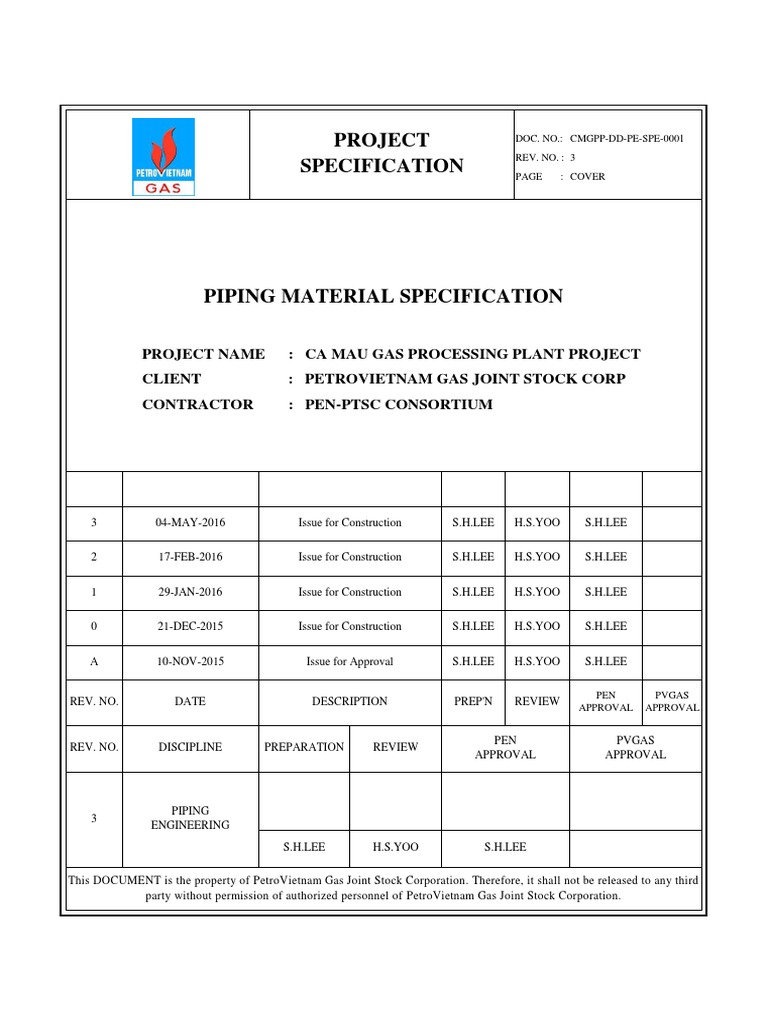 CMGPP DD PE SPE 0001 Piping Material Specification Rev.3 | PDF